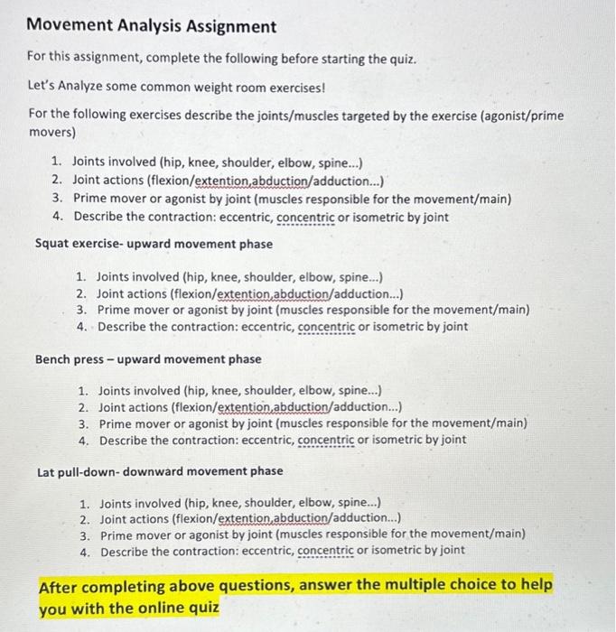 Solved Movement Analysis Assignment For this assignment, | Chegg.com