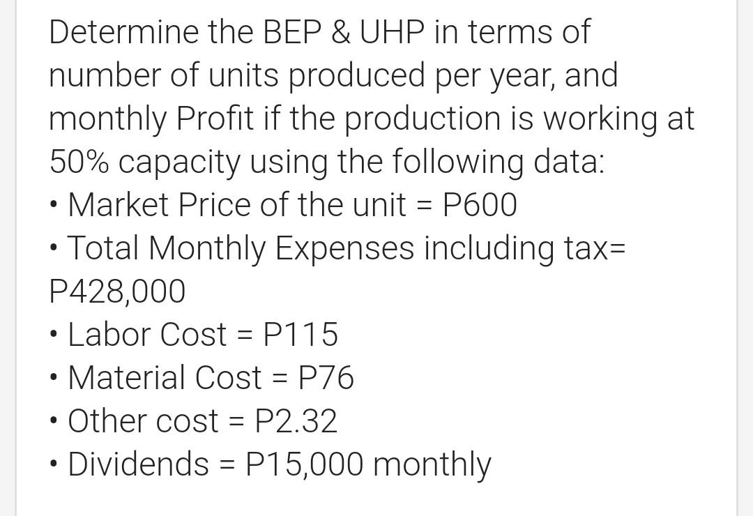 Solved . Determine the BEP & UHP in terms of number of units | Chegg.com