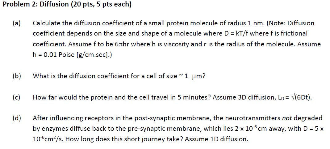 Solved Problem 2: Diffusion (20 ﻿pts, 5 ﻿pts each)(a) | Chegg.com