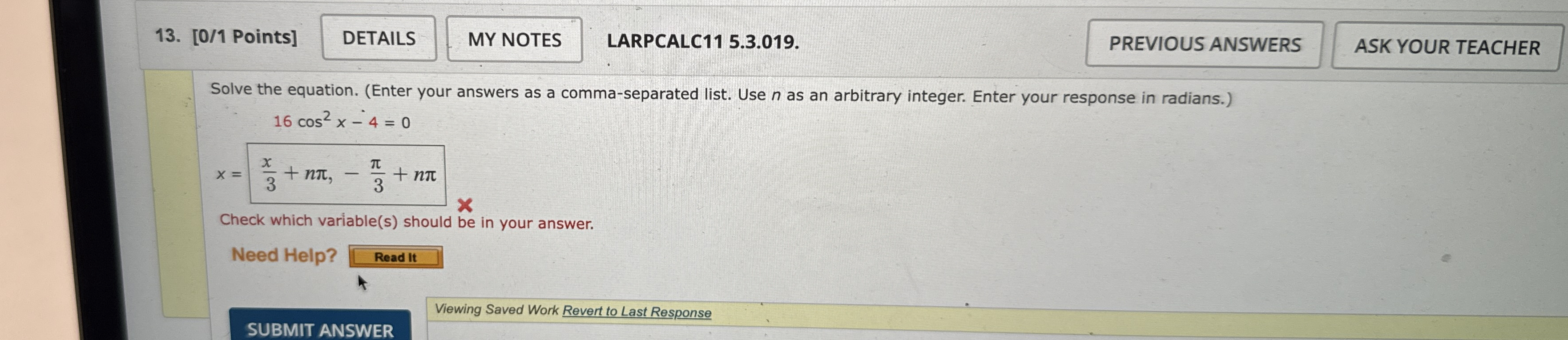 Solved [0/1 ﻿Points] ﻿LARPCALC11 5.3.019.Solve the | Chegg.com