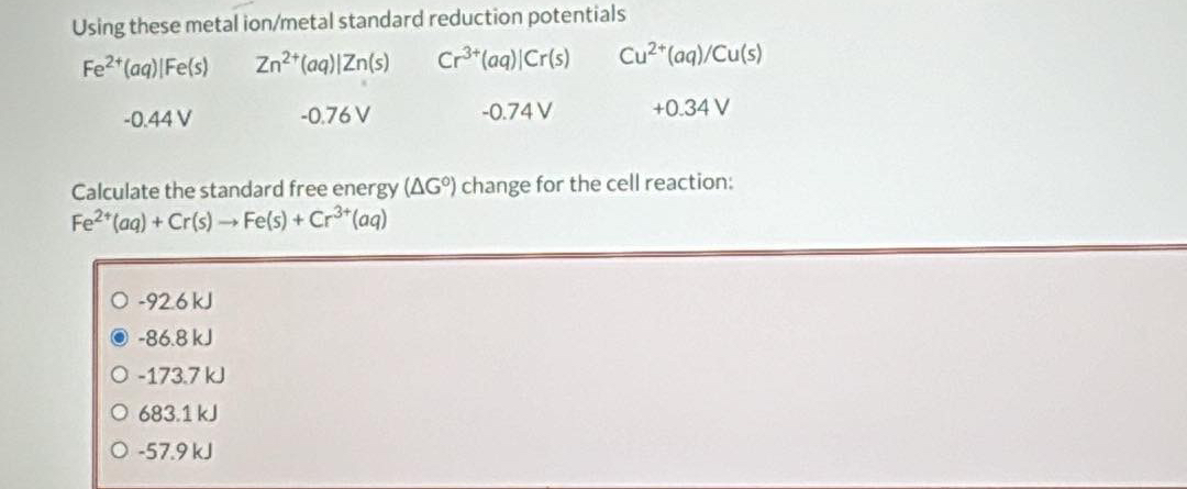 Solved Using these metal ion/metal standard reduction | Chegg.com