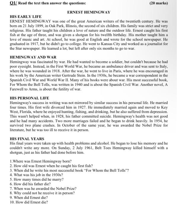 Solved Q1/ Read the text then answer the questions: ERNEST | Chegg.com