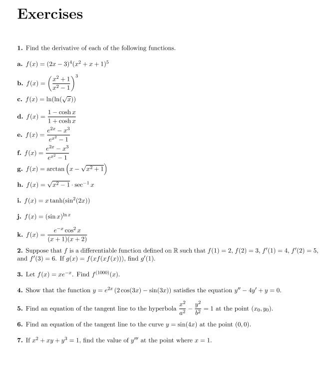 Solved 1. Find the derivative of each of the following | Chegg.com
