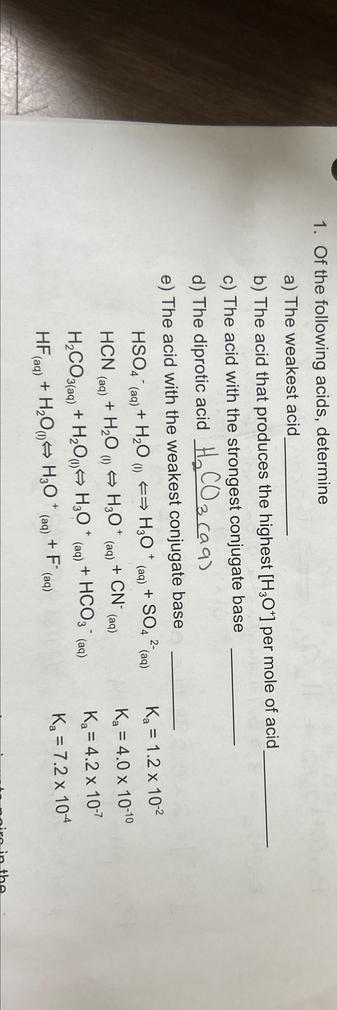 Solved Of the following acids, determinea) ﻿The weakest | Chegg.com