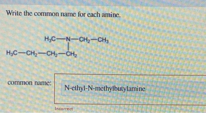 Solved Write the common name for each amine. H3C-N-CH2-CH3 | Chegg.com