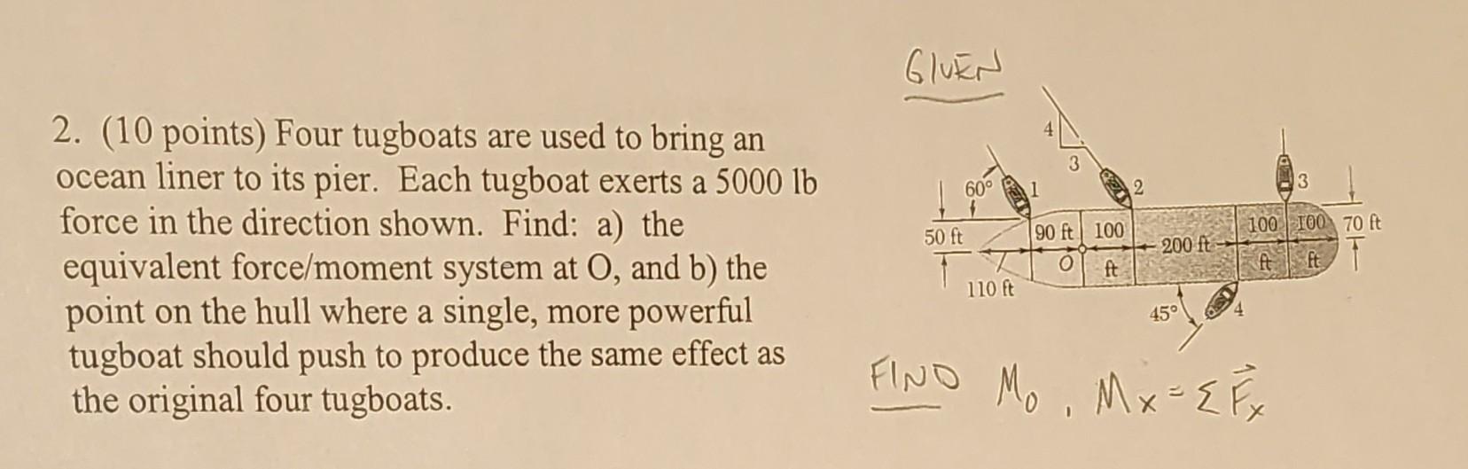 Solved 2. (10 points) Four tugboats are used to bring an | Chegg.com