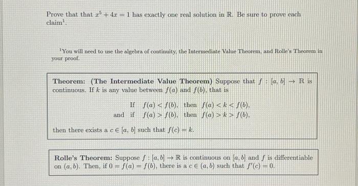 Solved Prove that that x5+4x=1 has exactly one real solution | Chegg.com