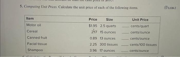 Solved 5. Computing Unit Prices. Calculate the unit price of | Chegg.com
