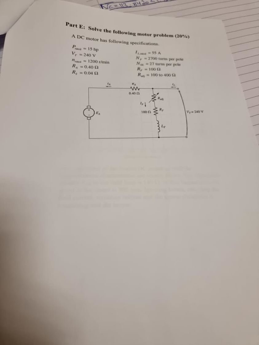 Part E: Solve the following motor problem (20%)A DC | Chegg.com