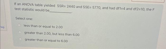Solved If an ANOVA table yielded SSR=2440 and SSE=5770, and | Chegg.com