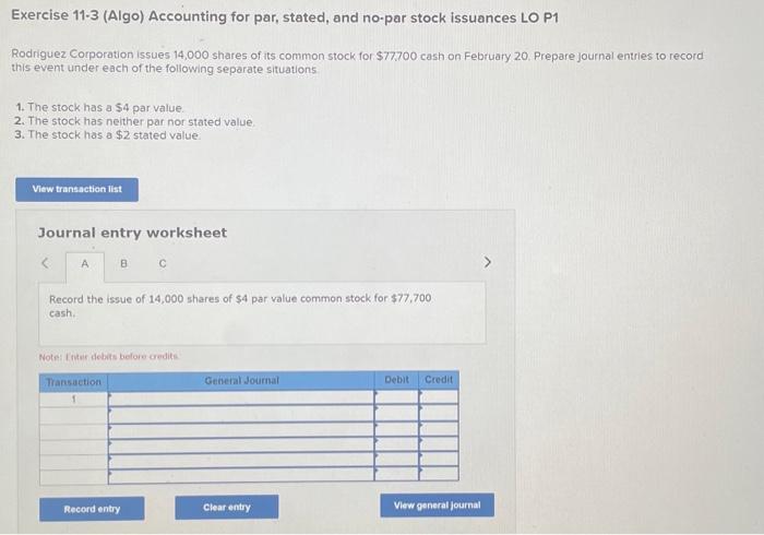 Solved Exercise 11-3 (Algo) Accounting for par, stated, and | Chegg.com