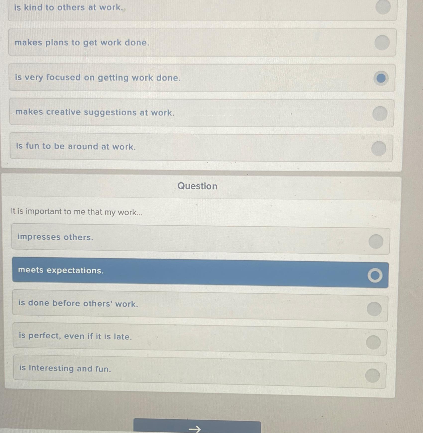 Solved is kind to others at work.makes plans to get work | Chegg.com