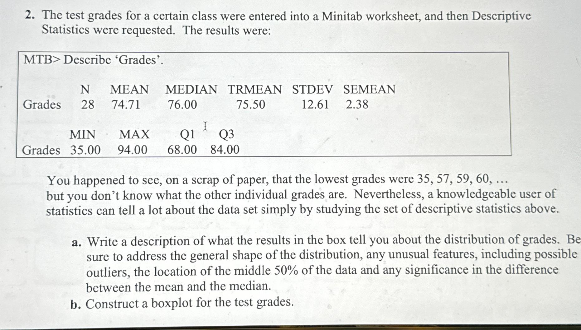 Solved The test grades for a certain class were entered into | Chegg.com