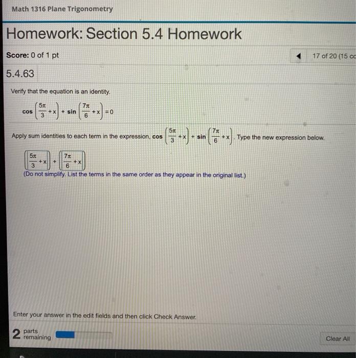 Solved Math 1316 Plane Trigonometry Homework: Section 5.4 | Chegg.com