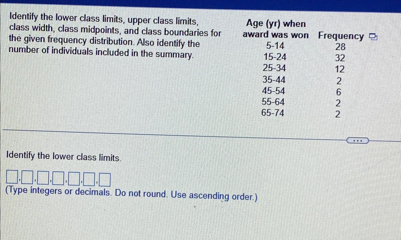 Solved Identify the lower class limits, ﻿upper class limits, | Chegg.com