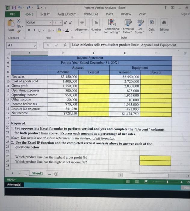 Solved Excel SIM: Perform Vertical Analysis 1. Use vertical | Chegg.com