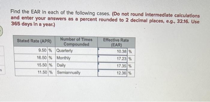 Solved Find the EAR in each of the following cases. (Do not | Chegg.com