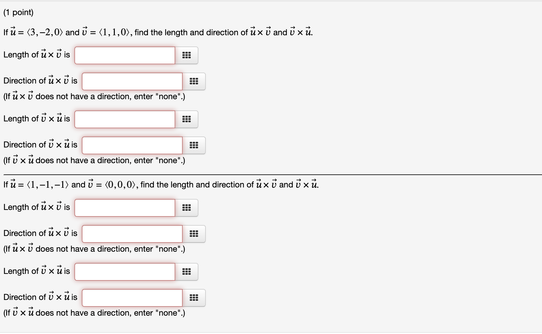 Solved (1 ﻿point)If vec(u)=(:3,-2,0:) ﻿and vec(v)=(:1,1,0:), | Chegg.com