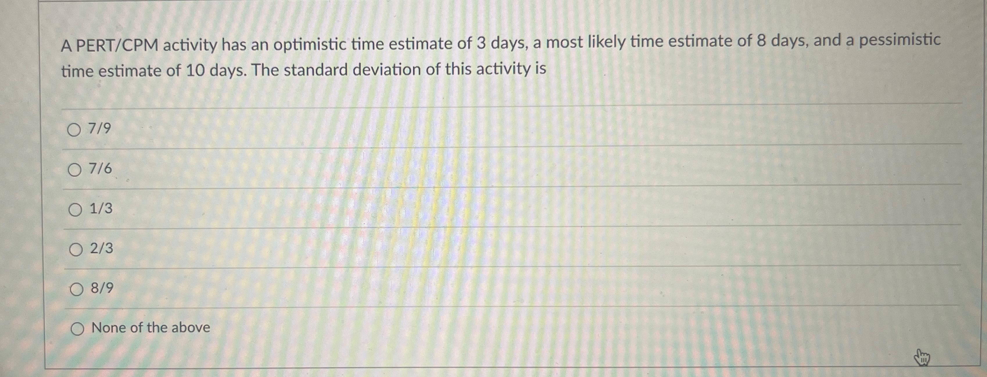 Solved A PERT/CPM activity has an optimistic time estimate | Chegg.com