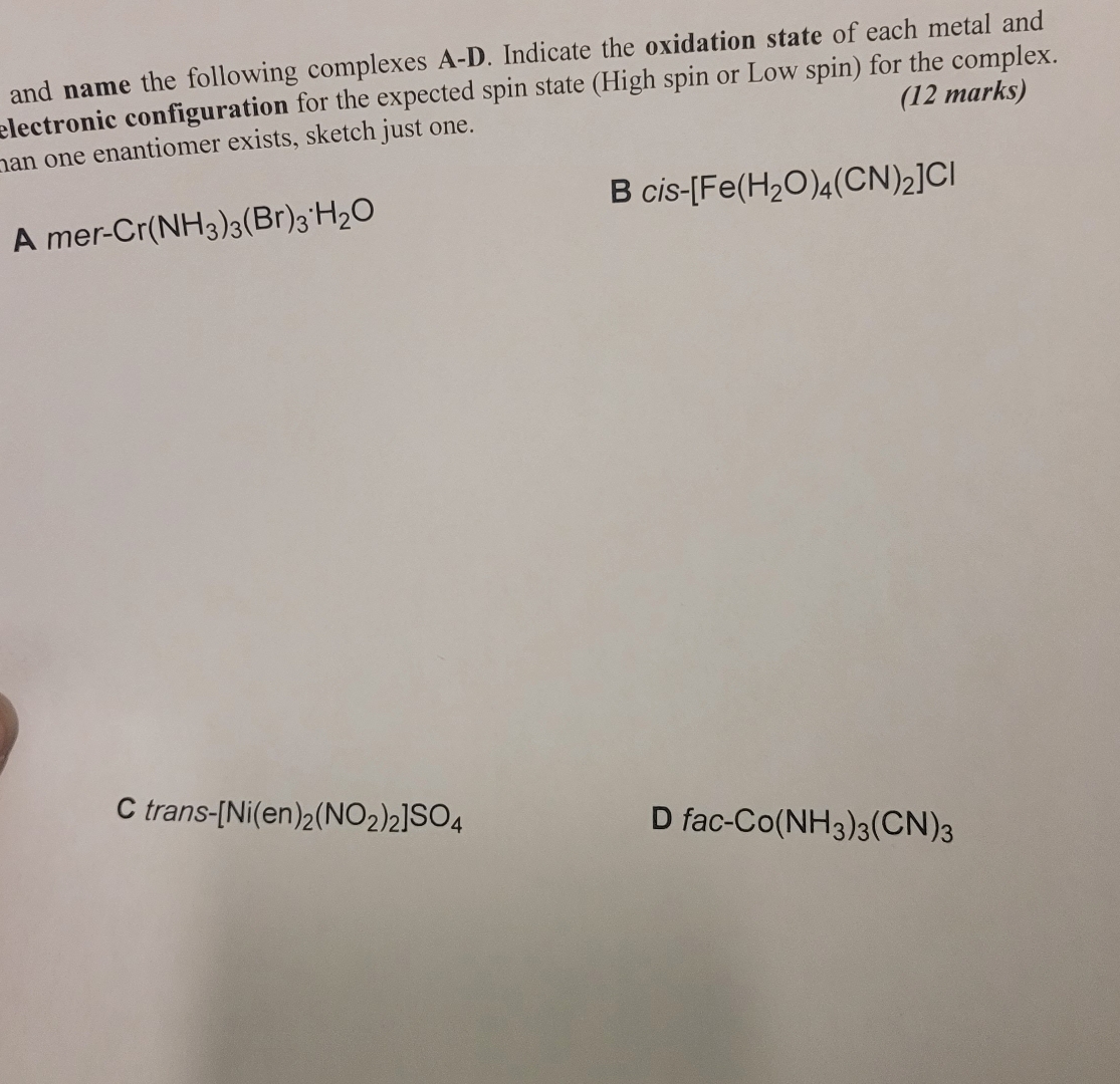 Solved Sketch and name the following complexes A-D. | Chegg.com