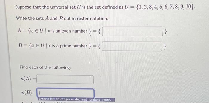 Solved Suppose that the universal set U is the set defined | Chegg.com