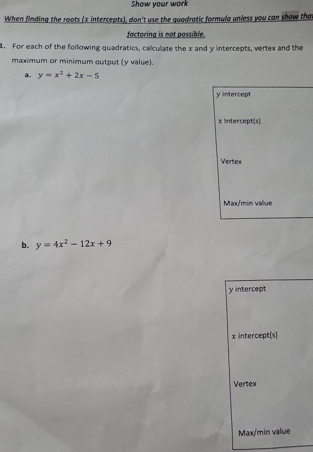 Solved 1. For each of the following quadratics, calculate | Chegg.com