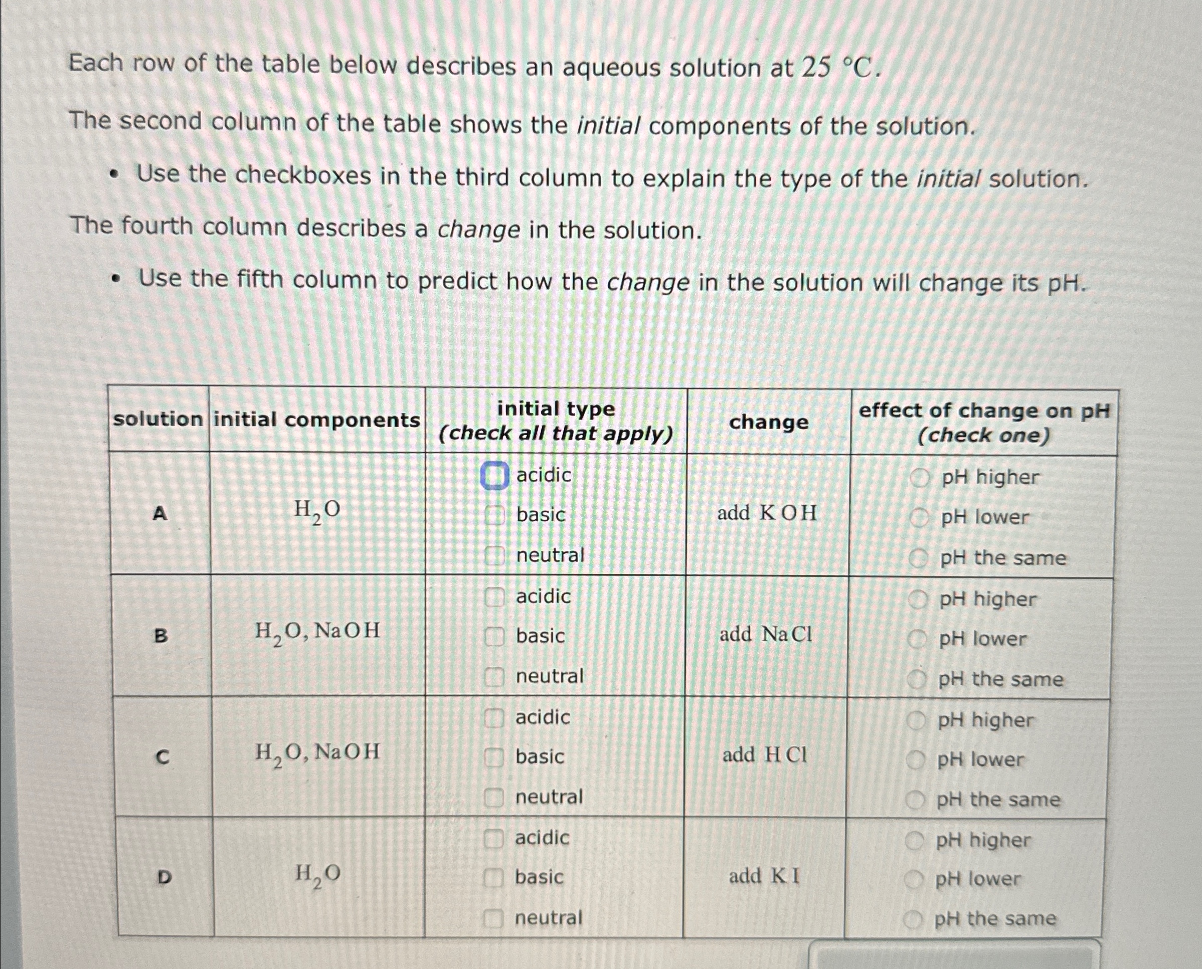 Each row of the table below describes an aqueous | Chegg.com