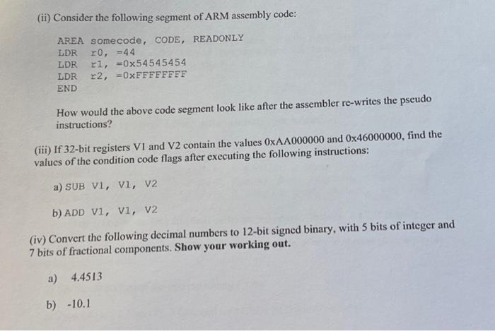 (ii) Consider the following segment of ARM assembly | Chegg.com