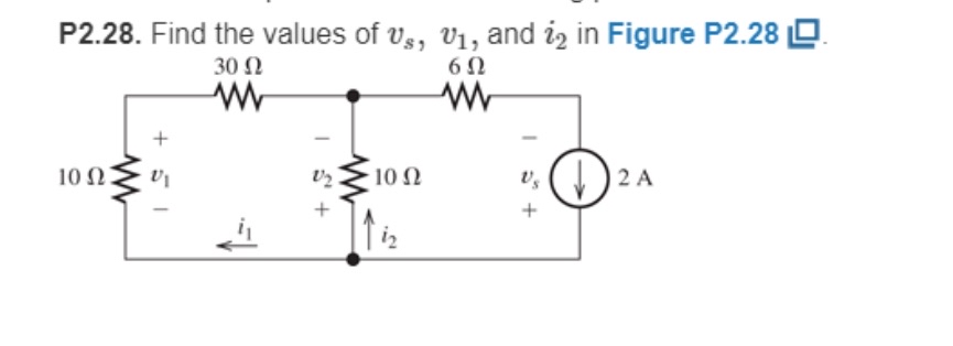 Solved P2.28. ﻿Find the values of vs,v1, ﻿and i2 ﻿in Figure | Chegg.com