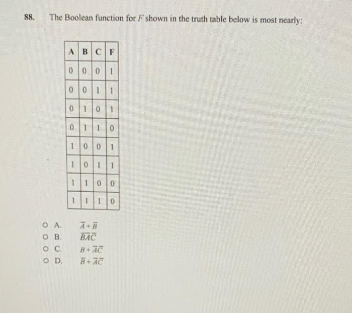 Solved 88. The Boolean function for F shown in the truth | Chegg.com