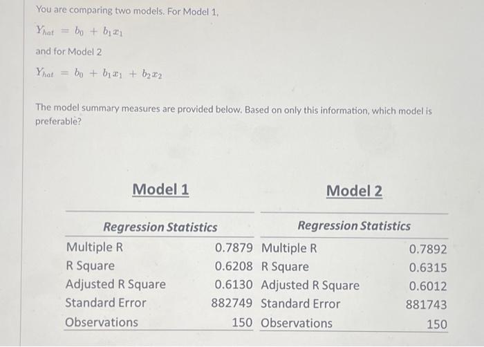 Solved You are comparing two models. For Model 1, Yhat bo + | Chegg.com