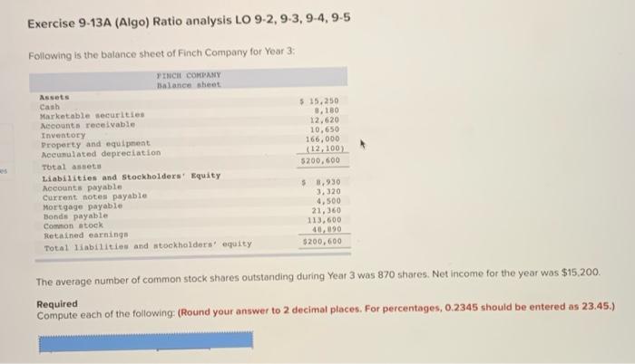 Solved Exercise 9-13A (Algo) Ratio analysis LO 9-2, 9-3, | Chegg.com