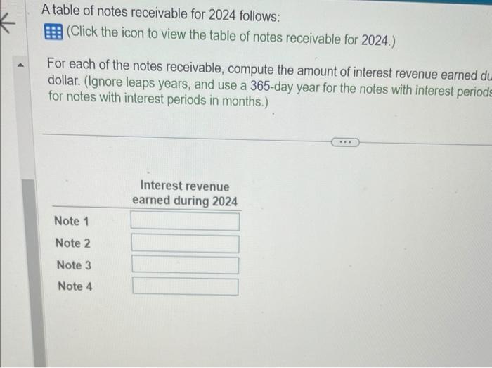 A table of notes receivable for 2024 follows: 迋 | Chegg.com
