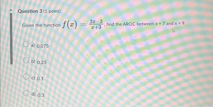 Solved Given the function f(x)=x+32x−3, find the AROC | Chegg.com