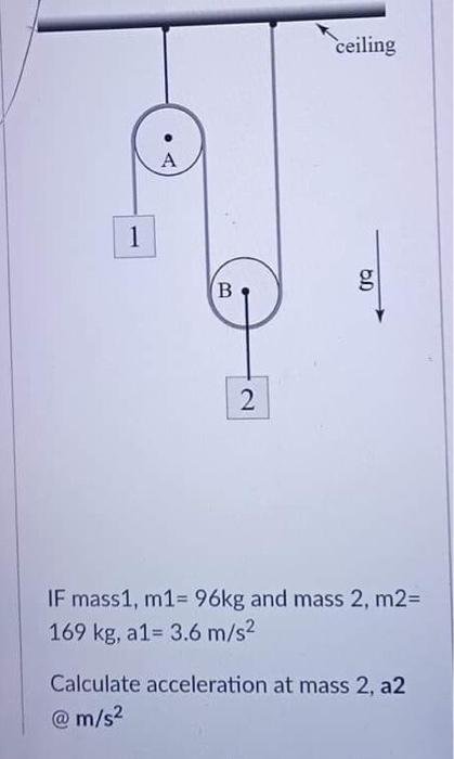 Solved ceiling А 1 g B 2 IF mass1, m1= 96kg and mass 2, m2= | Chegg.com