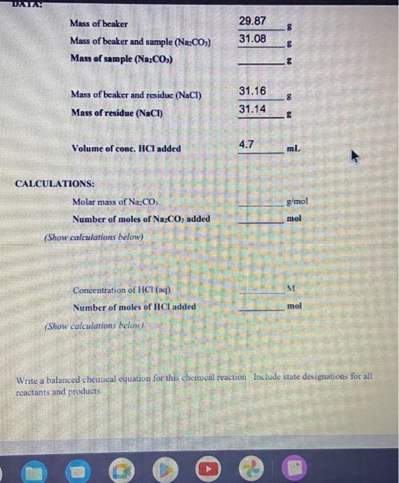 Solved Concentration of HCl(aq) Number of moles of HCl | Chegg.com