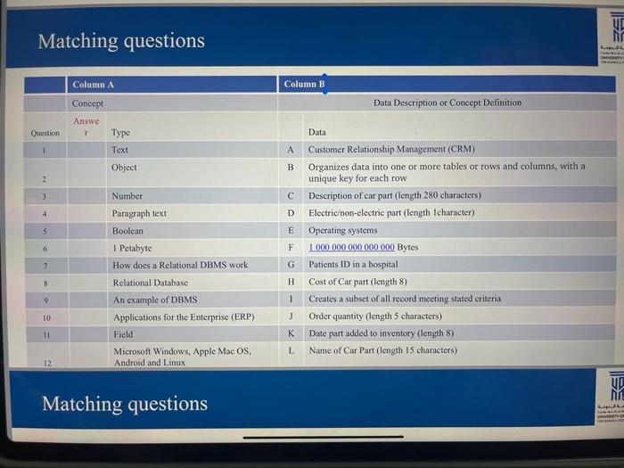 Solved Matching questions Matching questions | Chegg.com