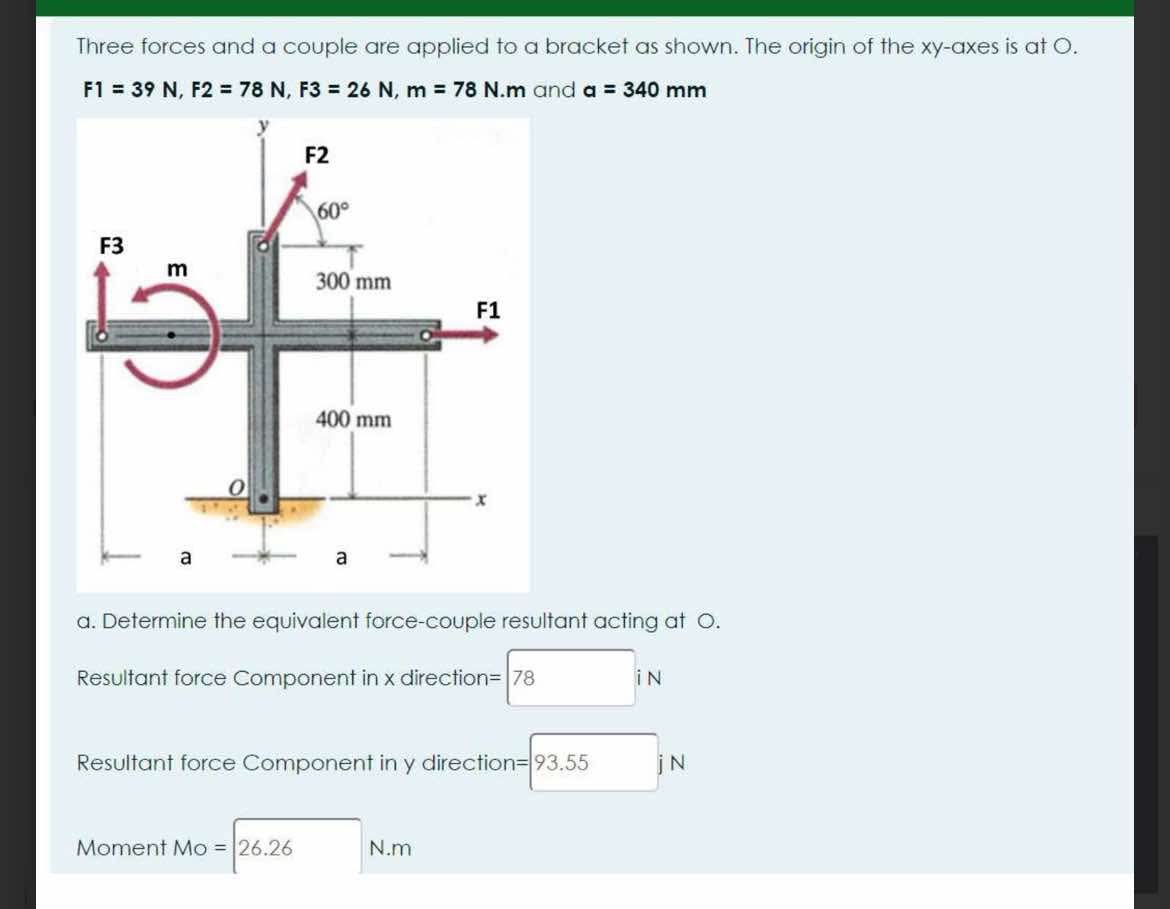 Solved Three forces and a couple are applied to a bracket as | Chegg.com