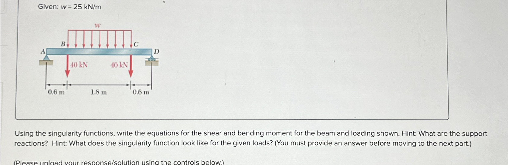 Solved Given: w=25kNmUsing the singularity functions, write | Chegg.com