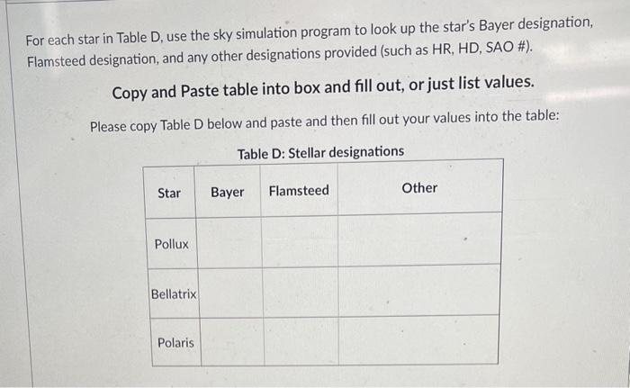 Solved For each star in Table D, use the sky simulation | Chegg.com