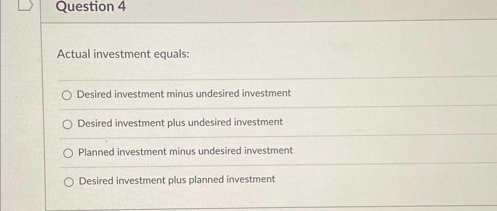 Solved Question 4Actual investment equals:Desired investment | Chegg.com
