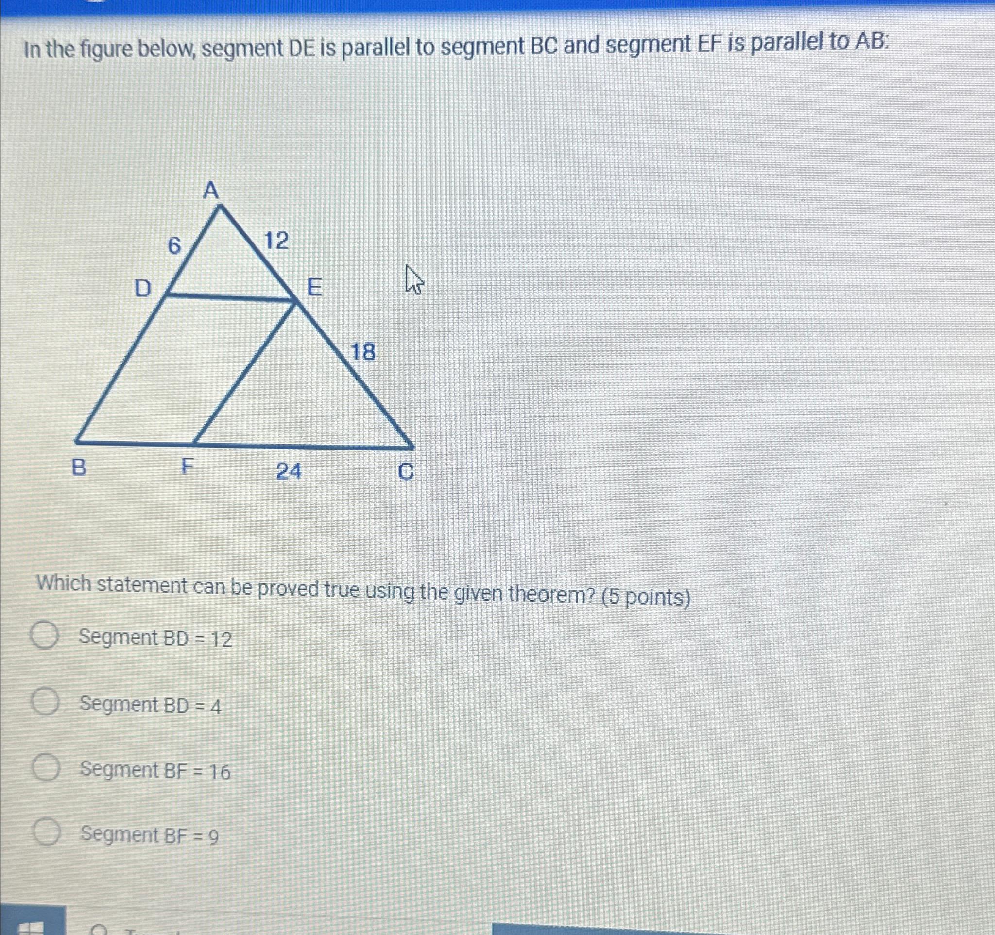 Solved In the figure below, segment DE is parallel to | Chegg.com