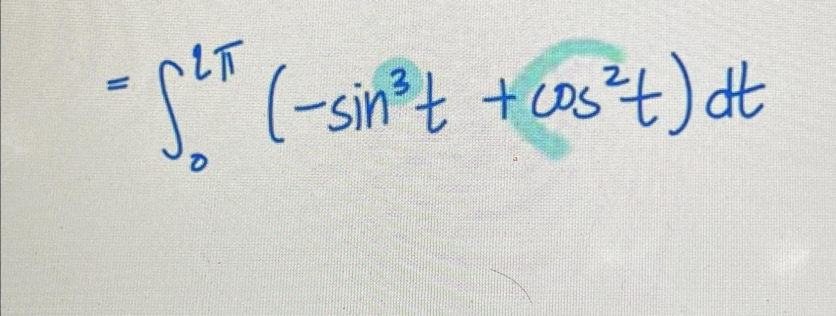 Solved =∫02π(-sin3t+cos2t)dt | Chegg.com