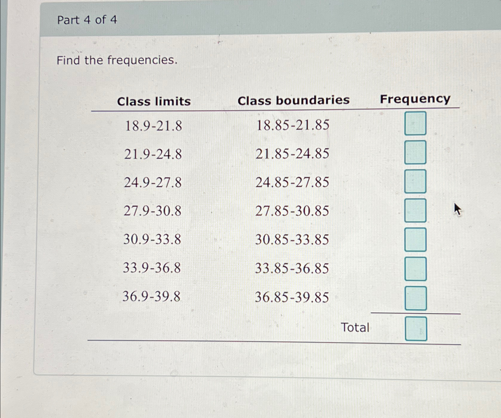 Part 4 ﻿of 4Find the frequencies.\table[[Class | Chegg.com