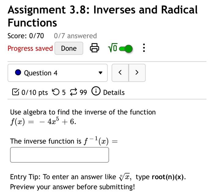 Solved Assignment 3.8: Inverses and Radical Functions Score: | Chegg.com