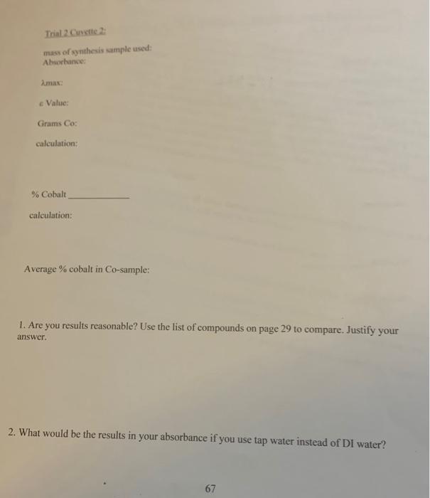 Project Experiment: Analysis of the % Cobalt in a | Chegg.com