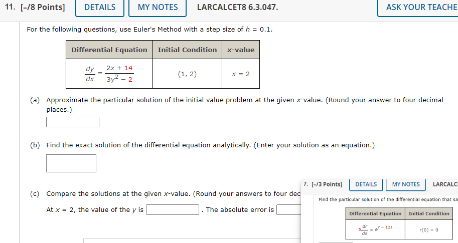 Solved For the following questions, use Euler's Method with | Chegg.com