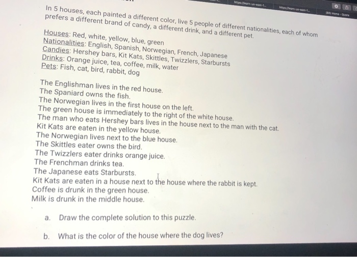 Solved In 5 houses, each painted a different color, live 5 | Chegg.com