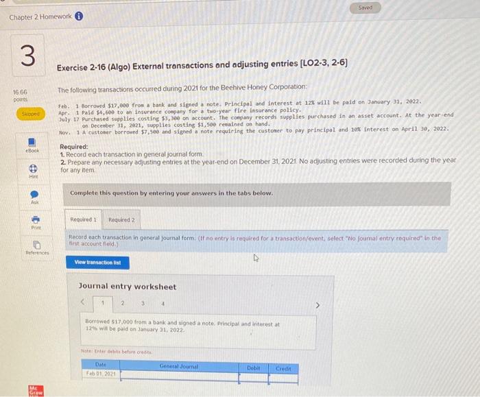 Solved Exercise 2-16 (Algo) External transactions and | Chegg.com