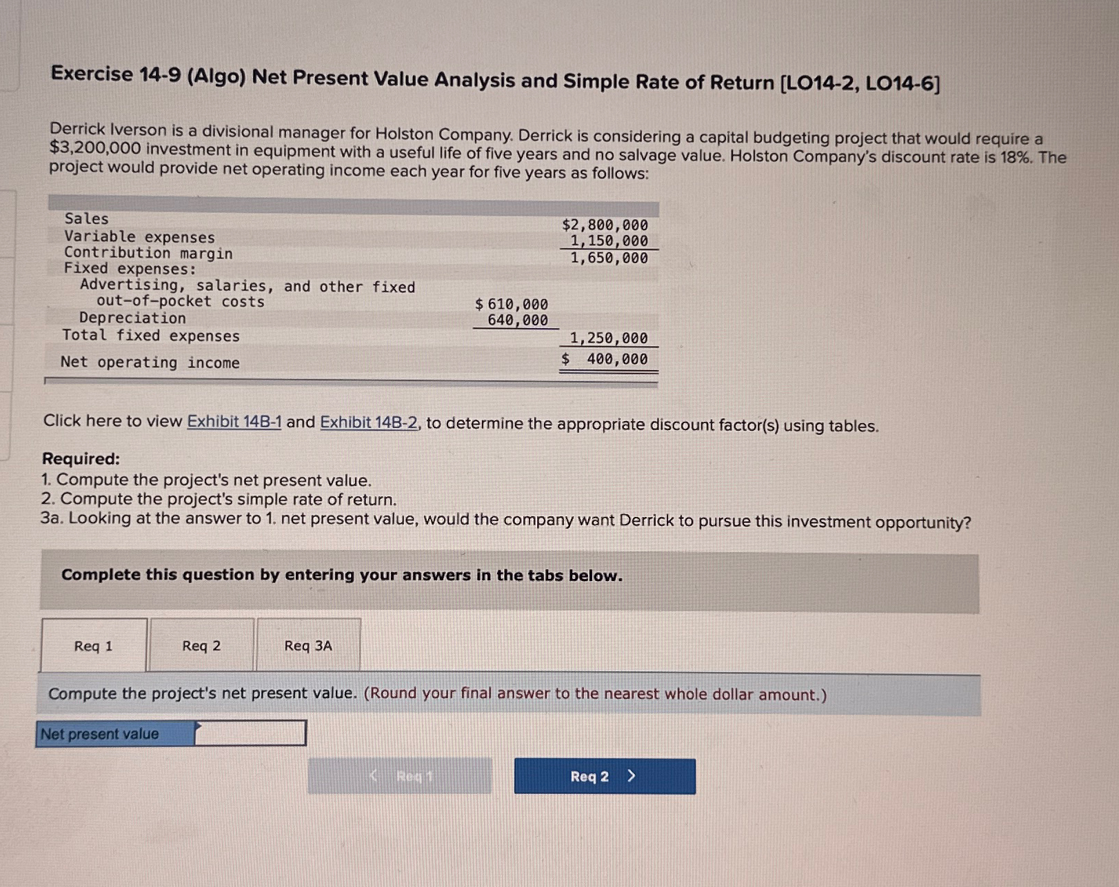 Solved Exercise 14-9 (Algo) ﻿Net Present Value Analysis and | Chegg.com